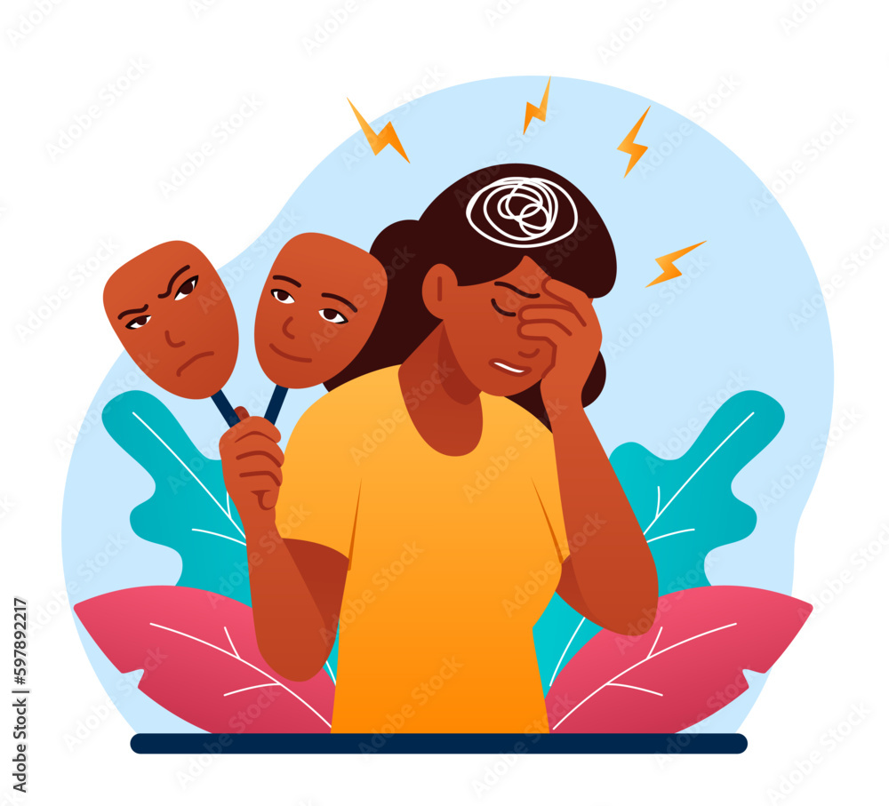 Mental disorders concept. Young girl holding two masks. Woman with ...