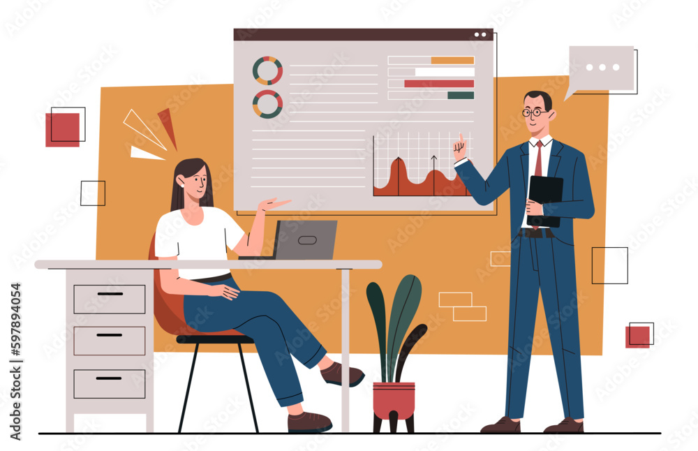 Communication of business people. Man and woman on background of graphs ...