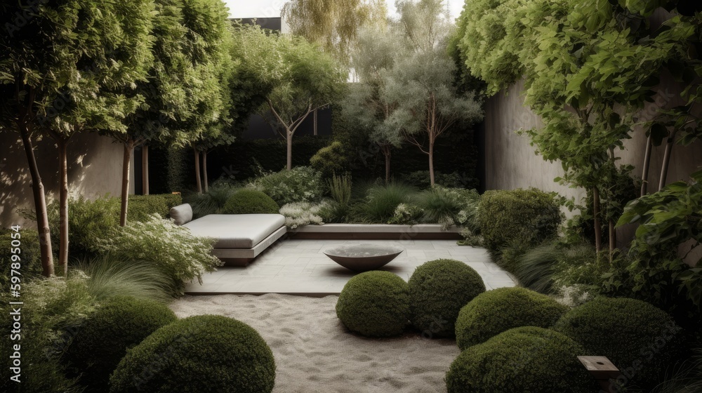 A minimalist garden with a mix of lush greenery and sculptural accents ...