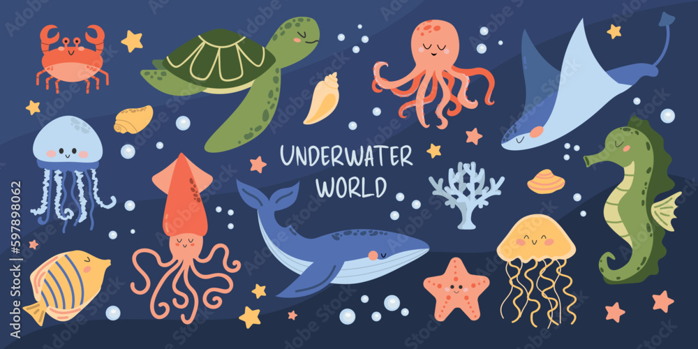 Vector set of marine life. Fish and wild marine animals isolated on ...