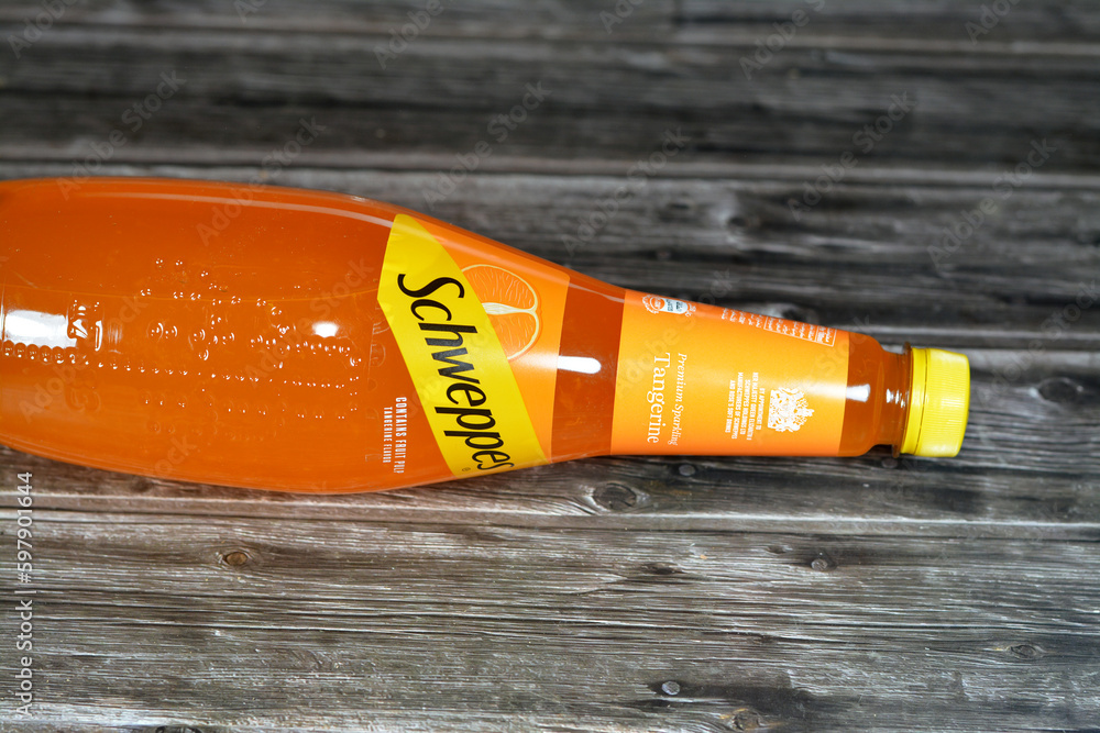 Cairo, Egypt, April 28 2023: Schweppes premium sparkling soft drink ...