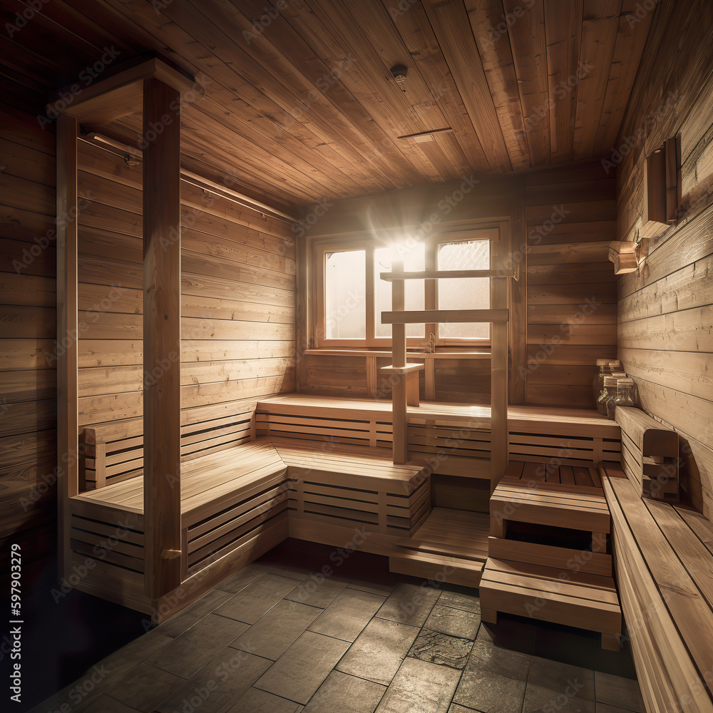 Room with sauna in the middle of it. Empty sauna room. Sauna steam bath ...