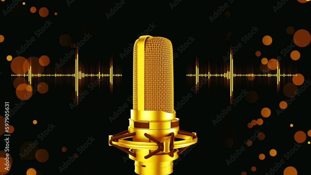 Gold Studio Microphone with sound wave on dark Bokeh Blur background ...