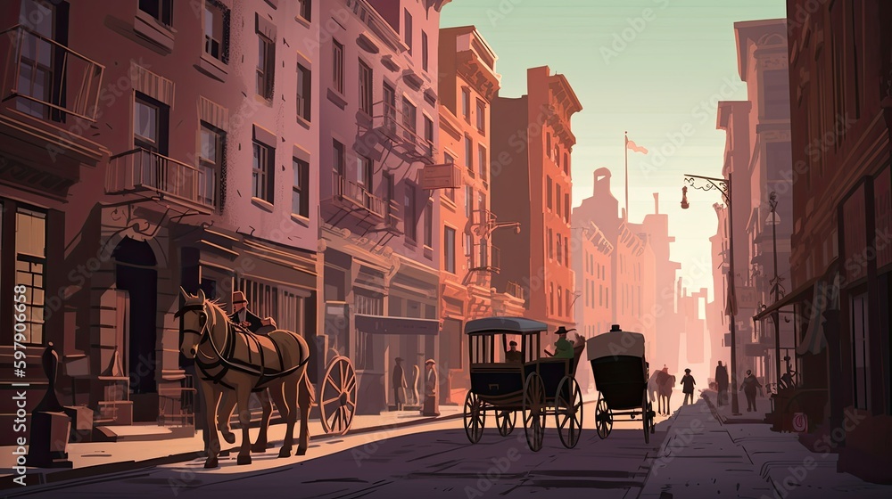 Photo & Art Print A bustling city street with a horse-drawn carriage ...