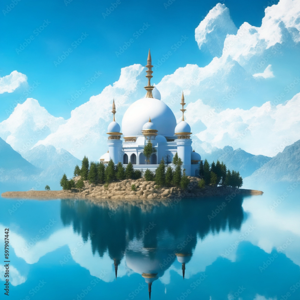 Grand Mosque on floating island with beutiful sky Created Using AI ...