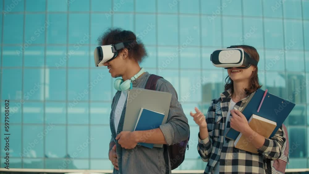 Students Wearing VR Headsets on Background of University. Virtual ...