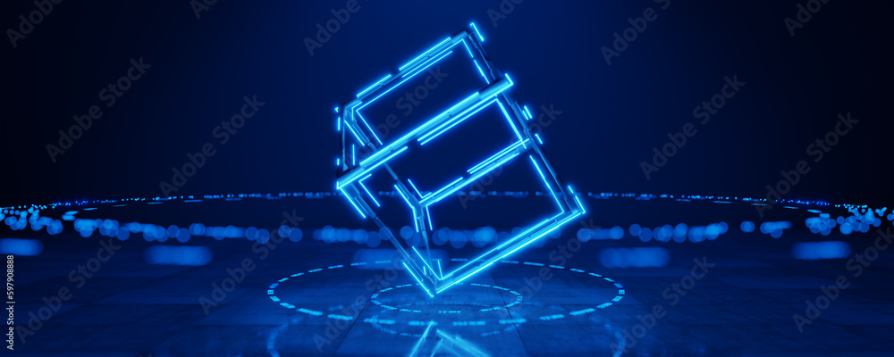 Technology cube in neon light. Technological background. Abstract ...