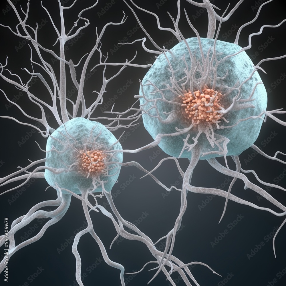 Amygdala in the brain, with amygdala neurons in close-up. Two almond ...