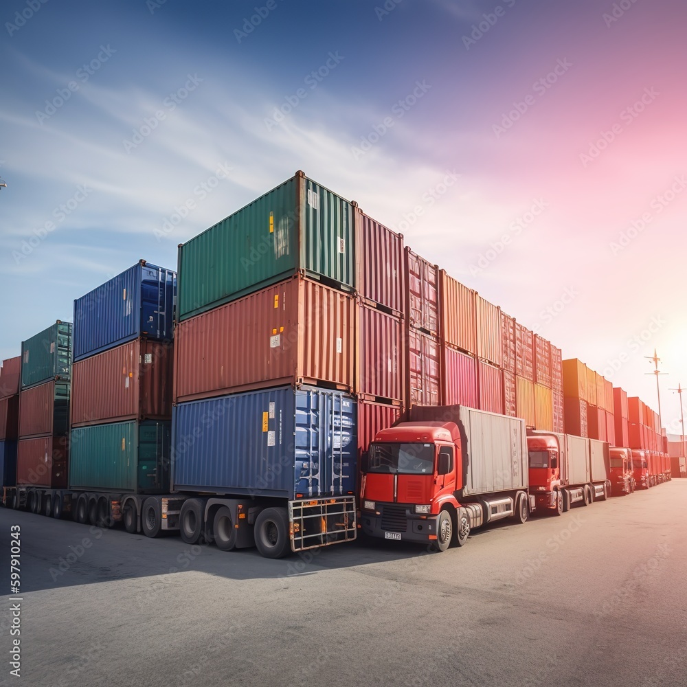 Stacking of containers in a container cargo harbor. Concept of import ...