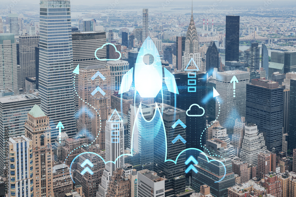 Aerial panoramic city view of Upper Manhattan area, East Side, river ...