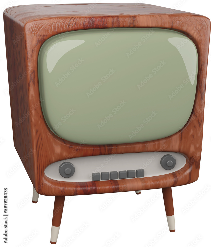 3D illustration render model of old TV in brown wooden case on legs on ...