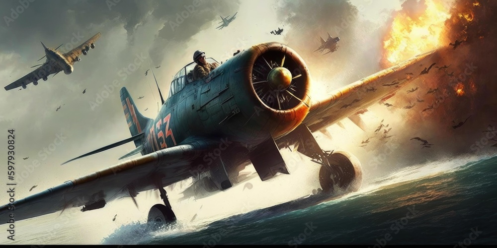 World war II fighter plane battle in dogfight in the sky. superlative ...