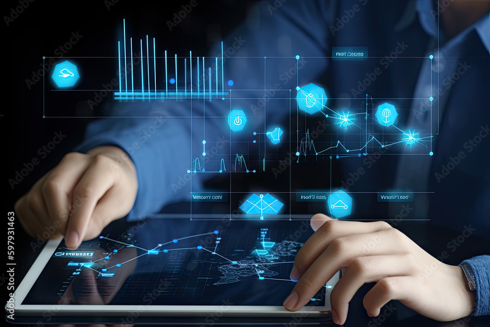 Business person analyzing and manipulating data on a laptop screen ...