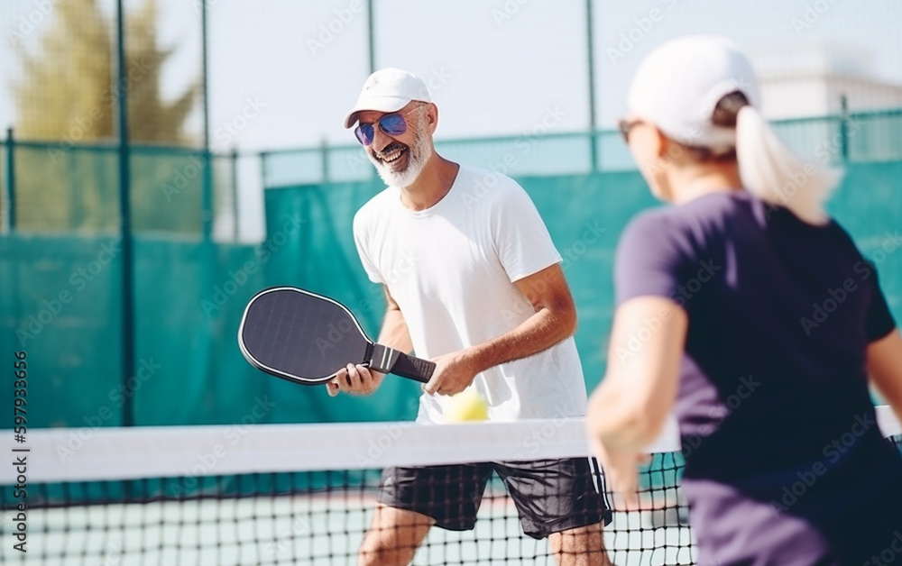 Senior players laughing and having fun while playing pickleball ...