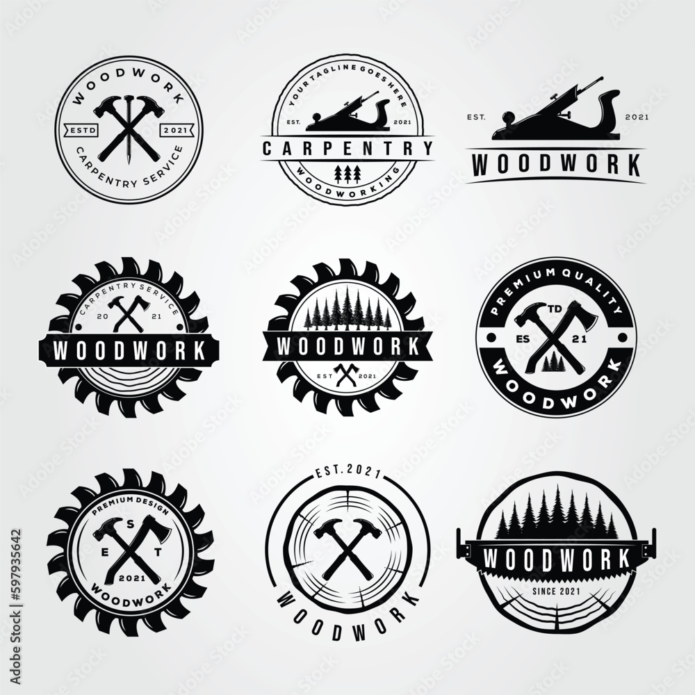 set of woodwork, ax and wood planer logo vector illustration design ...