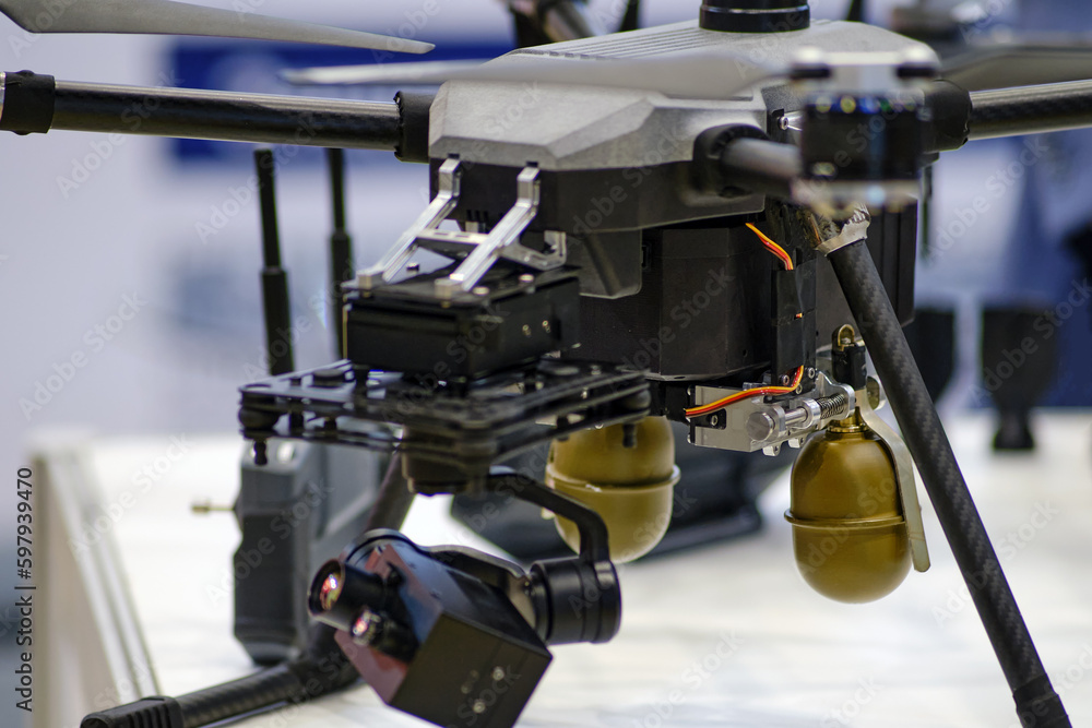 A drone equipped with hand grenades to eliminate enemy troops and ...