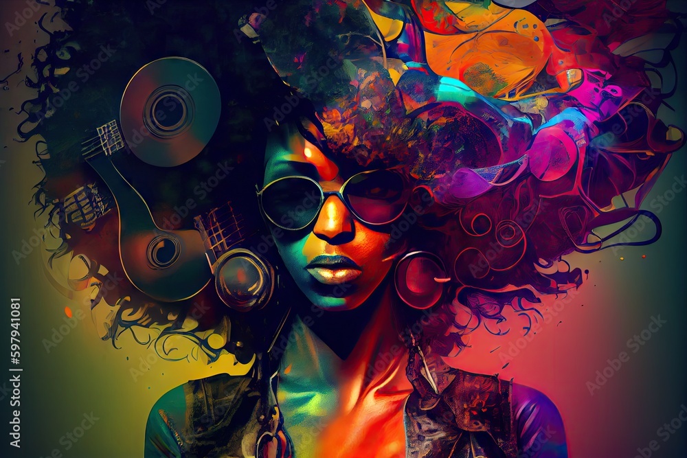 Abstract art in overlapped musician with hairstyle decorated by ...