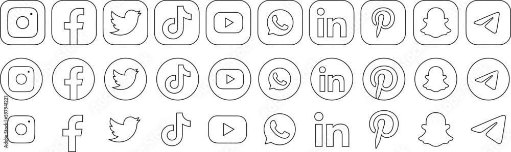 Social media line icons. Instagram, Facebook, Twitter, TikTok, YouTube ...