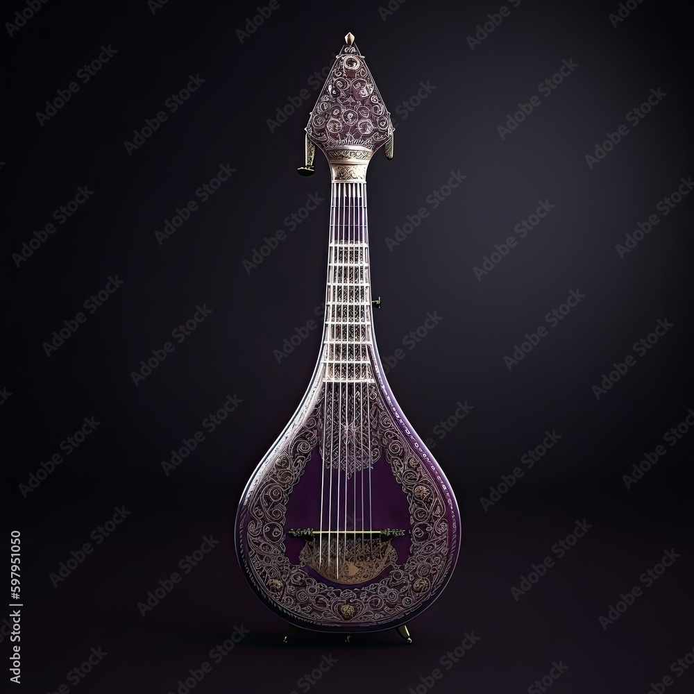 A classic Indian sitar with intricate carvings and a pear-shaped body ...