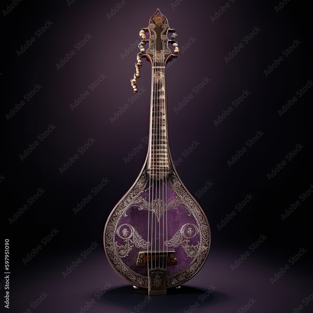 A classic Indian sitar with intricate carvings and a pear-shaped body ...