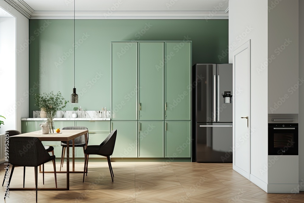 Blank sage green wall partition, white baseboard on parquet floor in ...