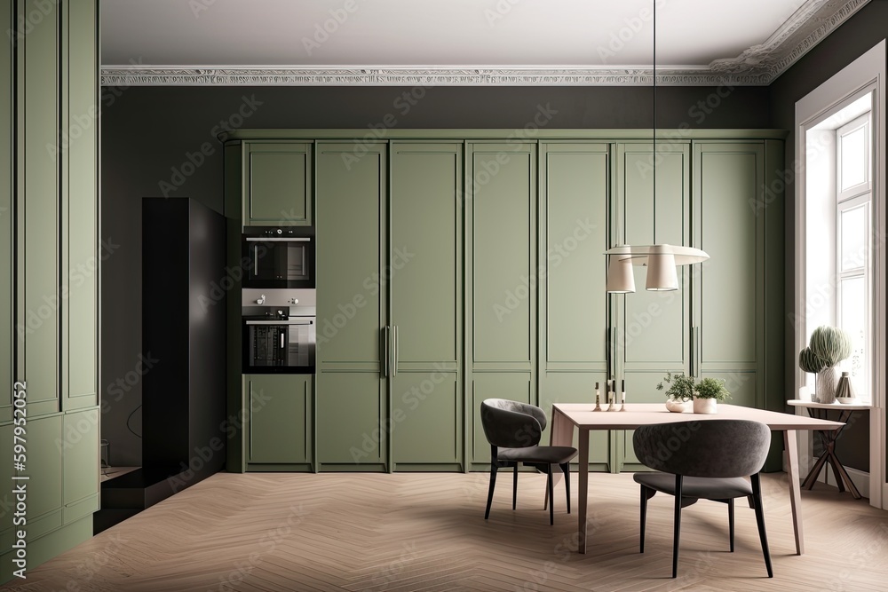 Blank sage green wall partition, white baseboard on parquet floor in ...