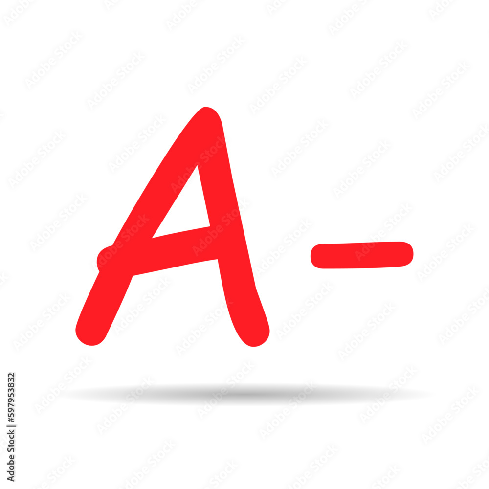 Grade result A minus with shadow. Hand drawn icon in red color. Test ...