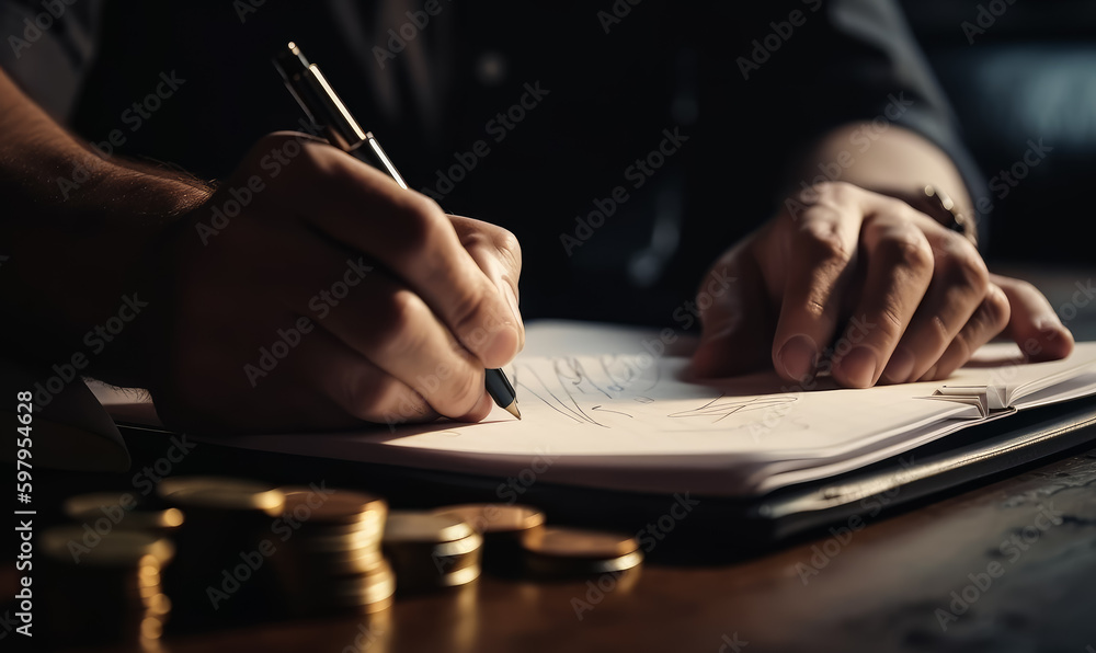 Male hands write on the paper or drawing charts, making calculations ...