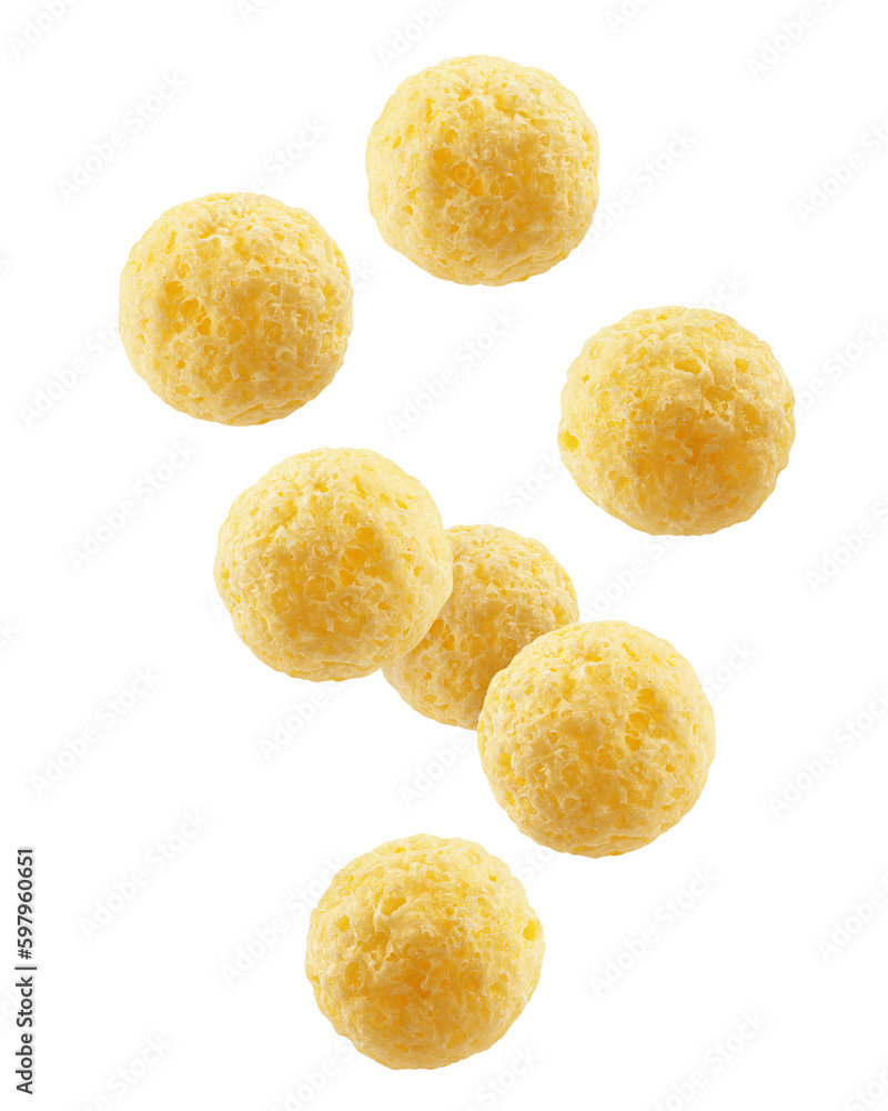 Falling corn ball, isolated on white background, full depth of field ...