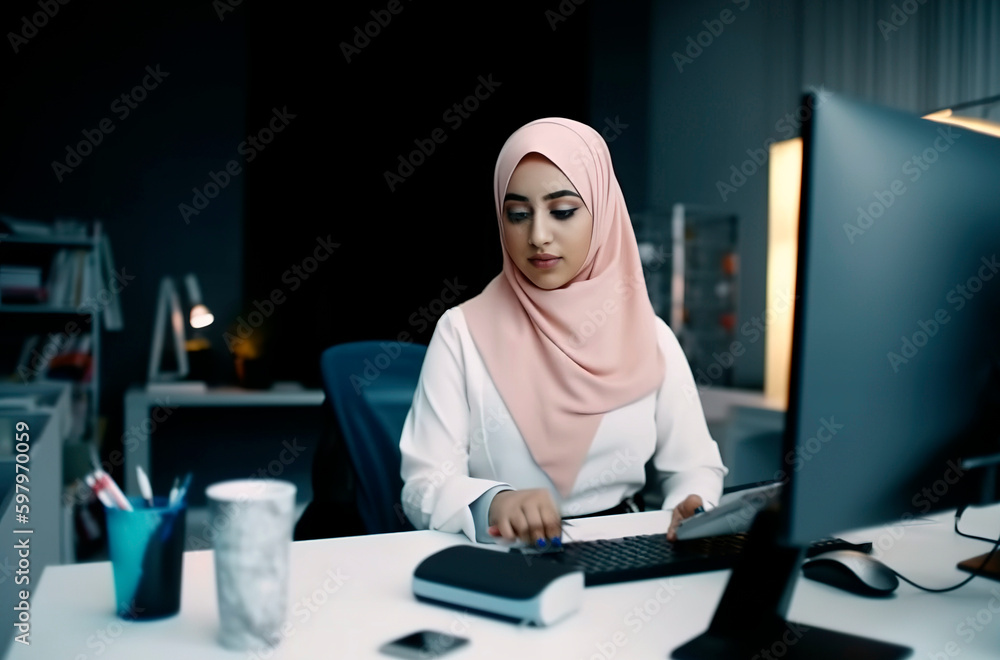 Generative AI illustration of Muslim young woman in hijab working in an ...