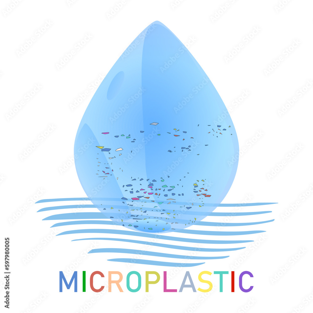 Water drop with microplastic on white background. Water contaminated ...