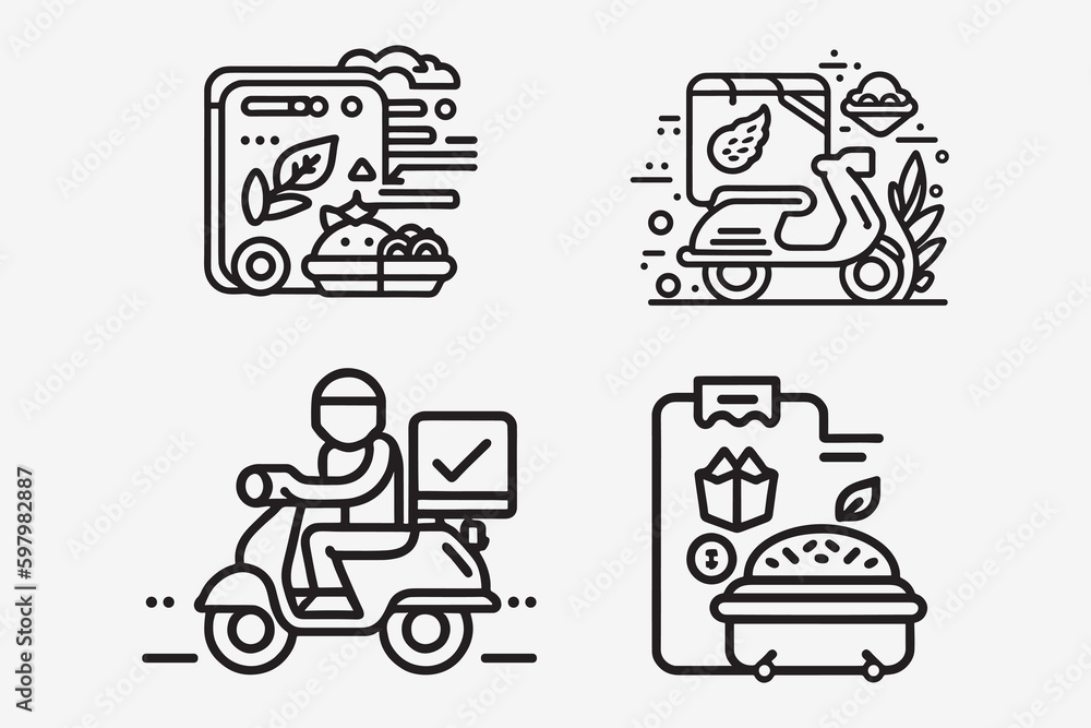Food Delivery Icon set, line art Black And White food delivery service ...