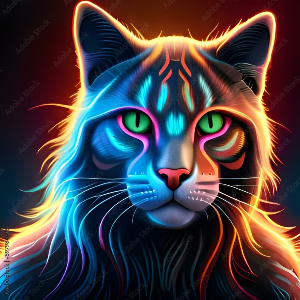 Neon cyber cat on black background, digital art, futuristic character ...