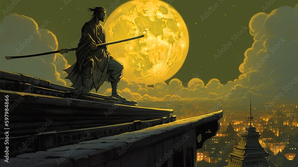 ninja in black clothes with katana kneeling on a Japanese style roof in ...