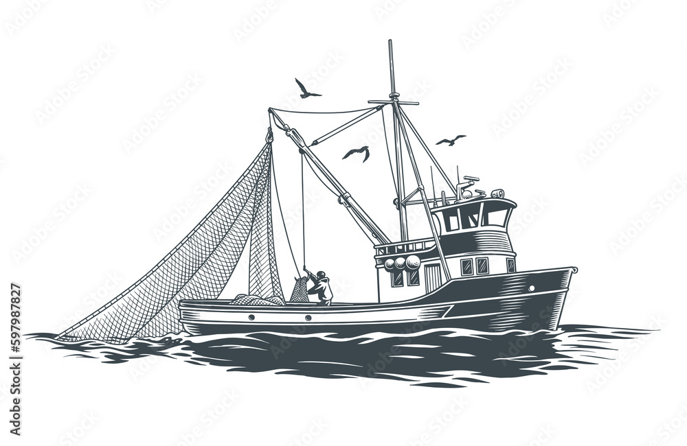 Trawler or commercial fishing boat with nets in the sea, engraving ...