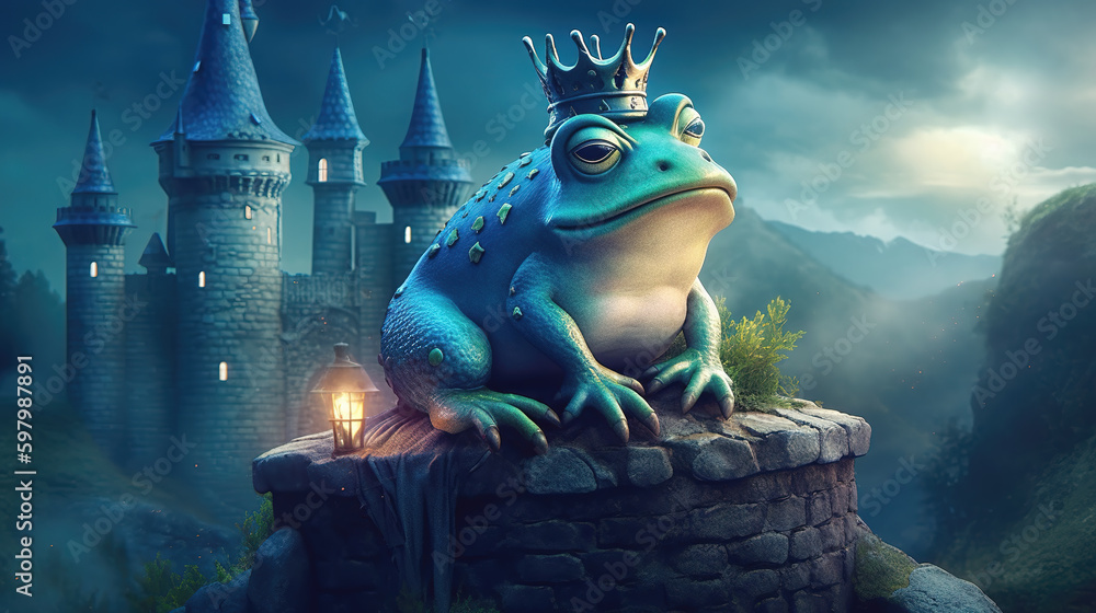 a fairytale inspired frog king sitting on a hill in front of a big ...