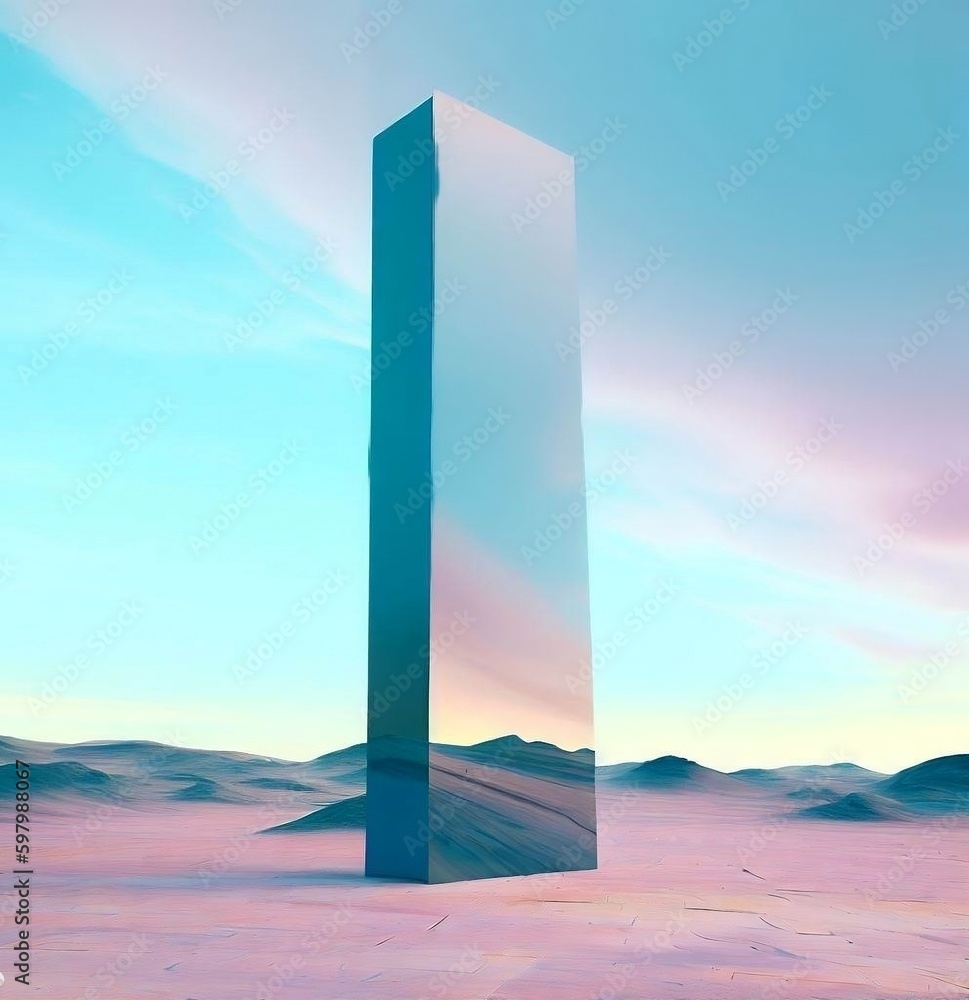 a mirror monolith standing in the desert, light blue and pink sky ...