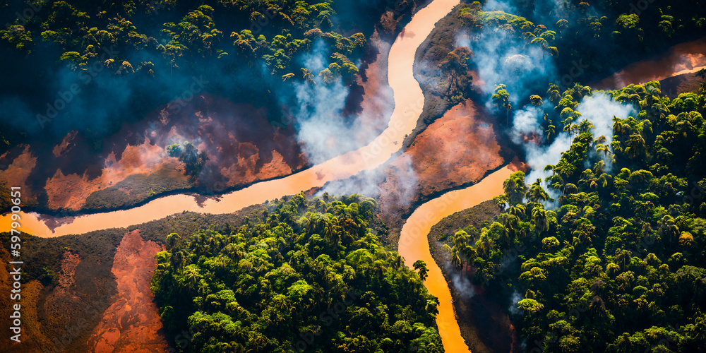 Slash and burn fire clearing in a burning forest for palm oil ...