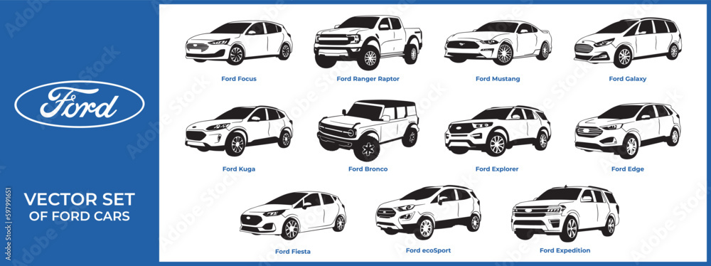 Vector silhouettes, icons of Ford brand cars Stock Vector | Adobe Stock