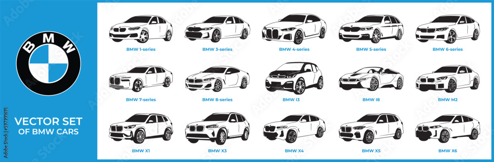 Vector silhouettes, icons of BMW brand cars Stock Vector | Adobe Stock
