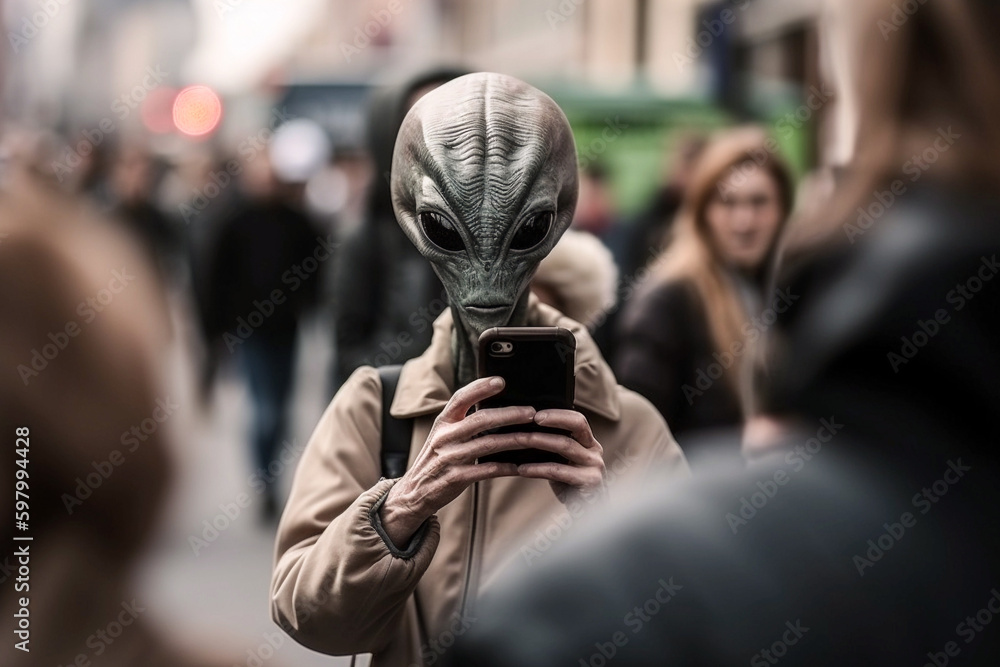 extraterrestrial alien dude in a crowded street in a big city makes a ...