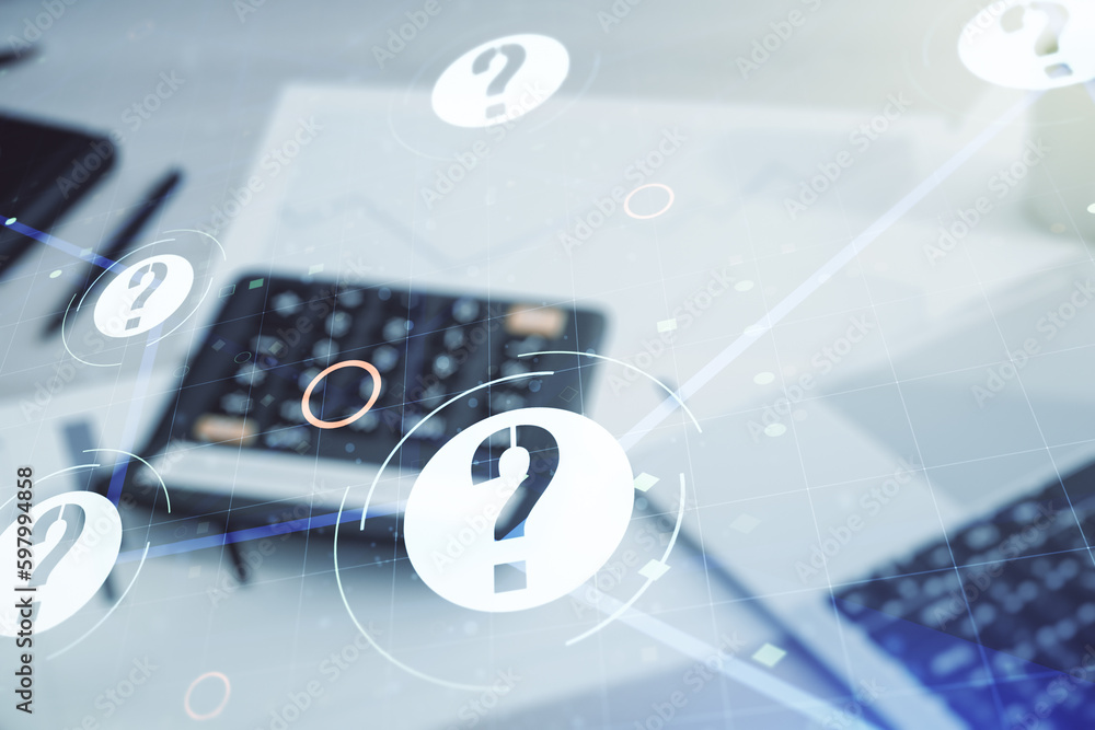 Abstract virtual question mark hologram on blurry calculator and ...