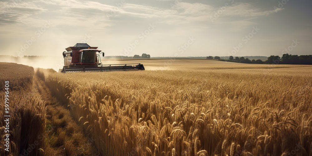 AI Generated. AI Generative. Harvester combine ctractor at sunset field ...