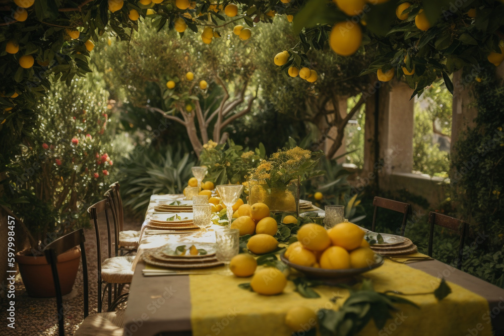 A stunning table setup featuring lemons and lemon trees, with a rustic ...