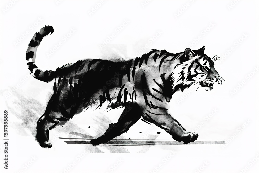Image of a tiger drawing using a brush and black ink on white ...