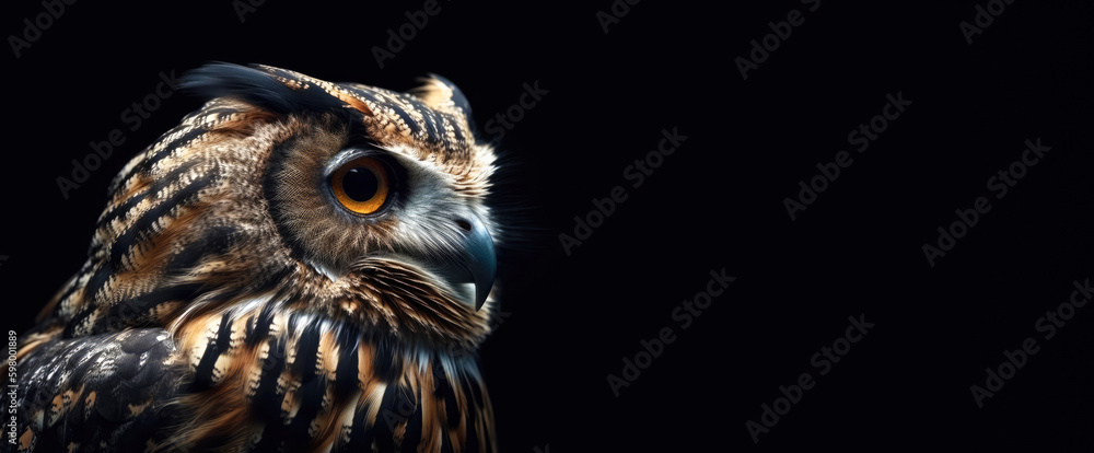 Owl head in profile or side close-up. Panoramic image of the owl's head ...