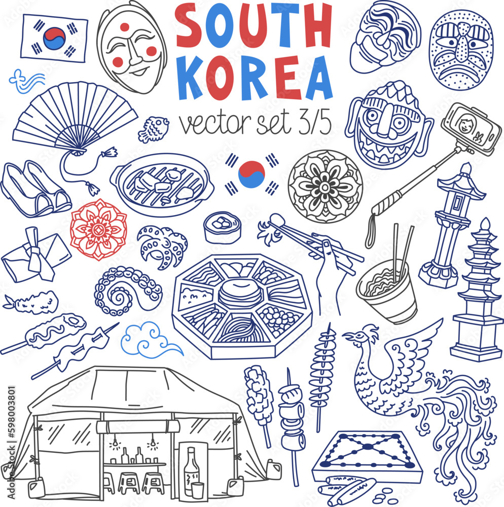 South Korea traditional symbols, food and landmarks doodle set ...