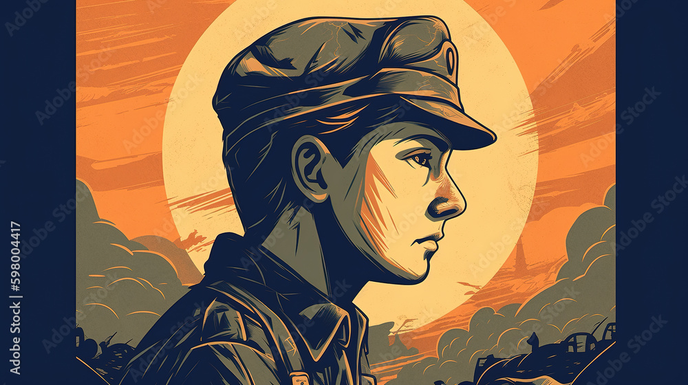 a sad looking lonely soldier after war, classic vintage artwork ...