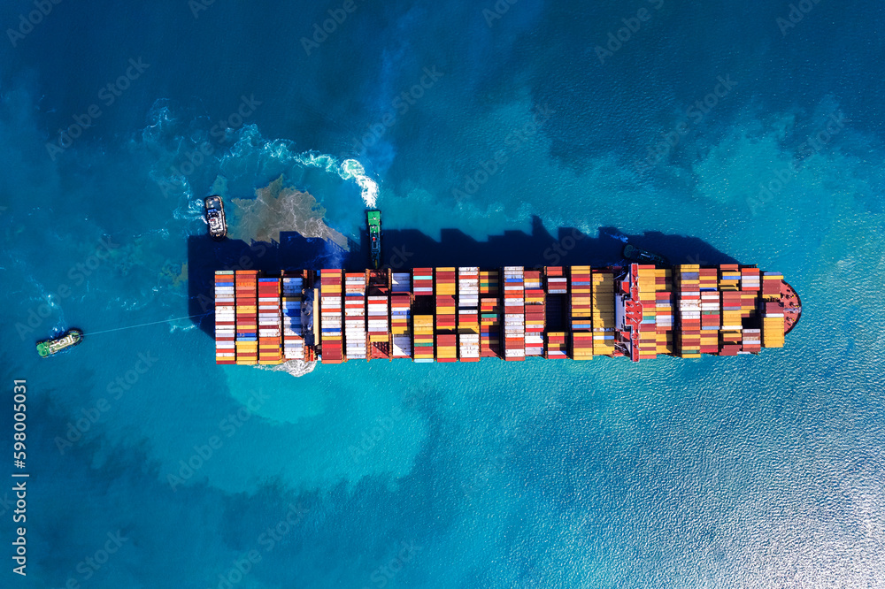 Aerial top view container ship full load container for logistics import ...