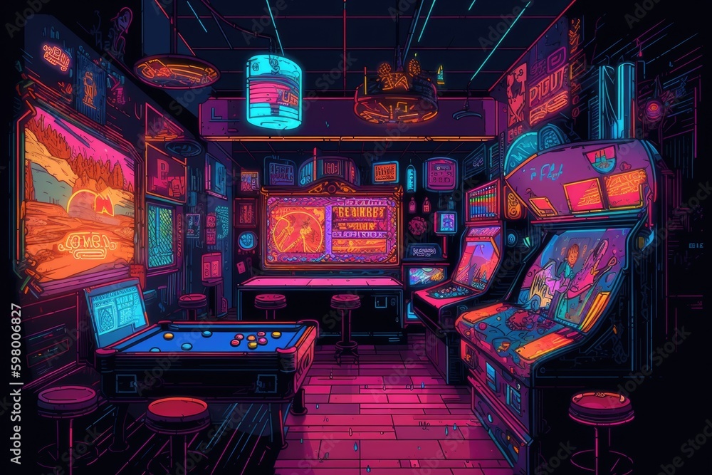 Pixel art style image of mysterious pinball dive bar in neon lights, Ai ...
